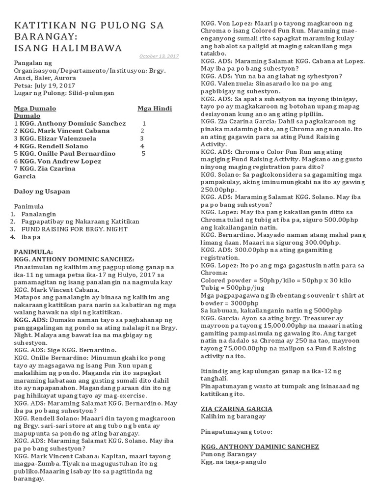 Halimbawa NG Mga Katitikan NG Pulong | PDF