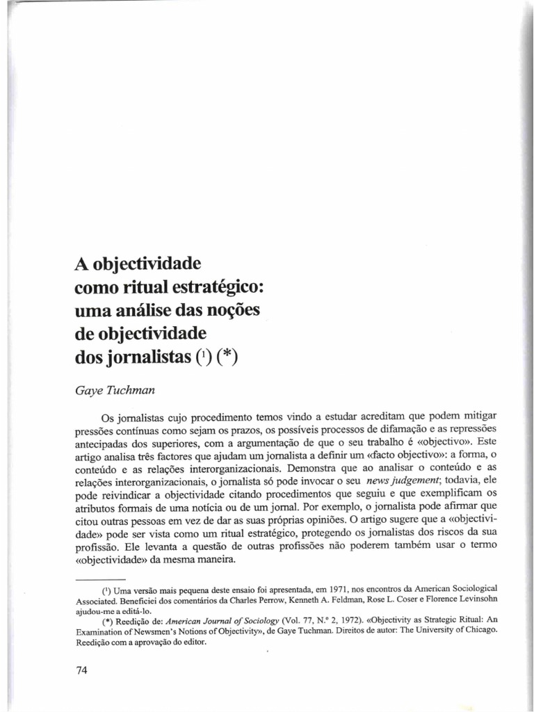 GAYE, Tuchman. A Objectividade Como Ritual Estratégico: Uma Análise Das ...