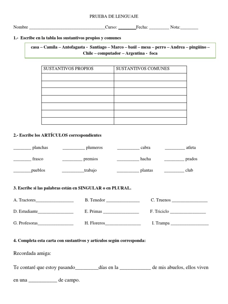Prueba de Sustantivos para Primaria | PDF