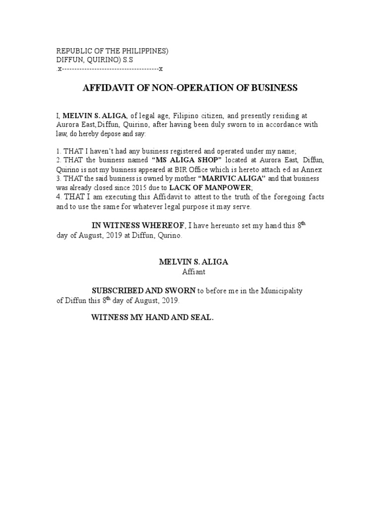 Affidavit of Non-Operation of Business: IN WITNESS WHEREOF, I Have ...