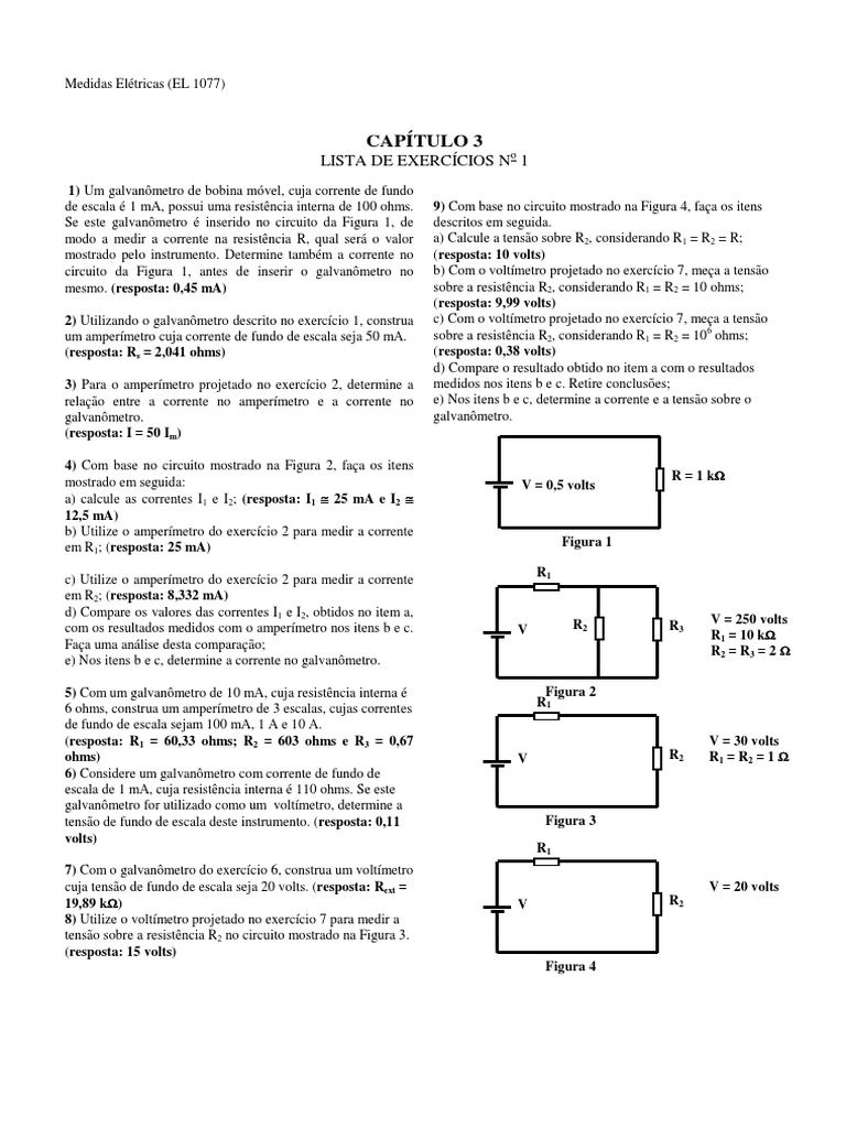Lista Cap 3 Medidas-Eletricas PDF | PDF | Rede elétrica | Compatibilidade eletromagnética