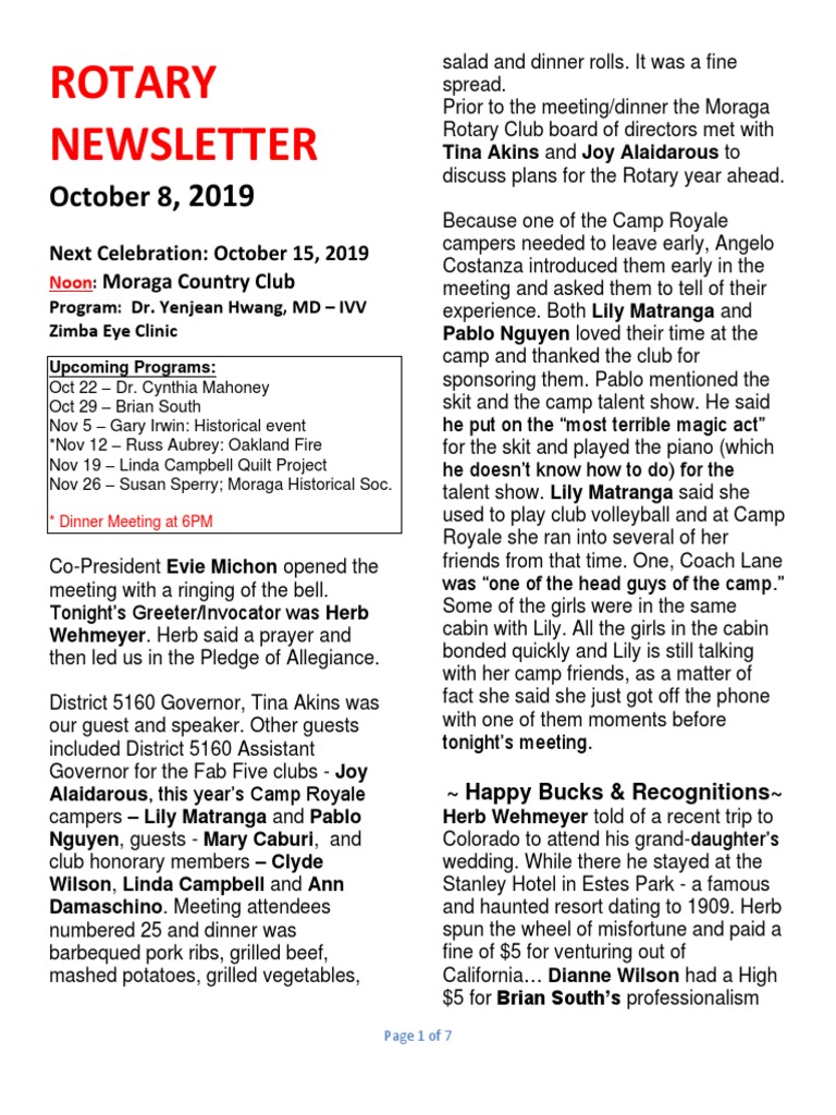 Moraga Rotary Newsletter Oct 8 2019 | PDF