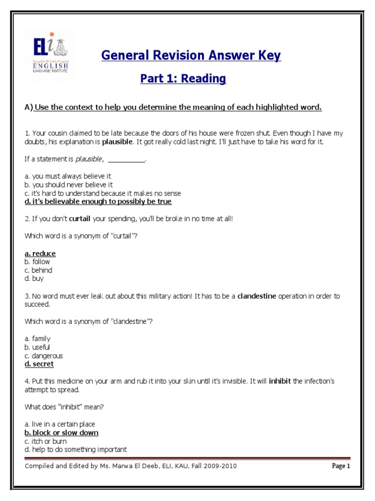 General Revision Answer Key: Part 1: Reading | PDF
