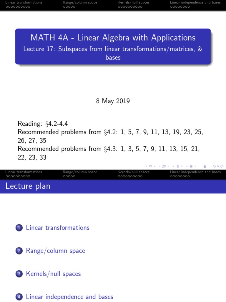 MATH 4A - Linear Algebra With Applications: Lecture 17: Subspaces From ...