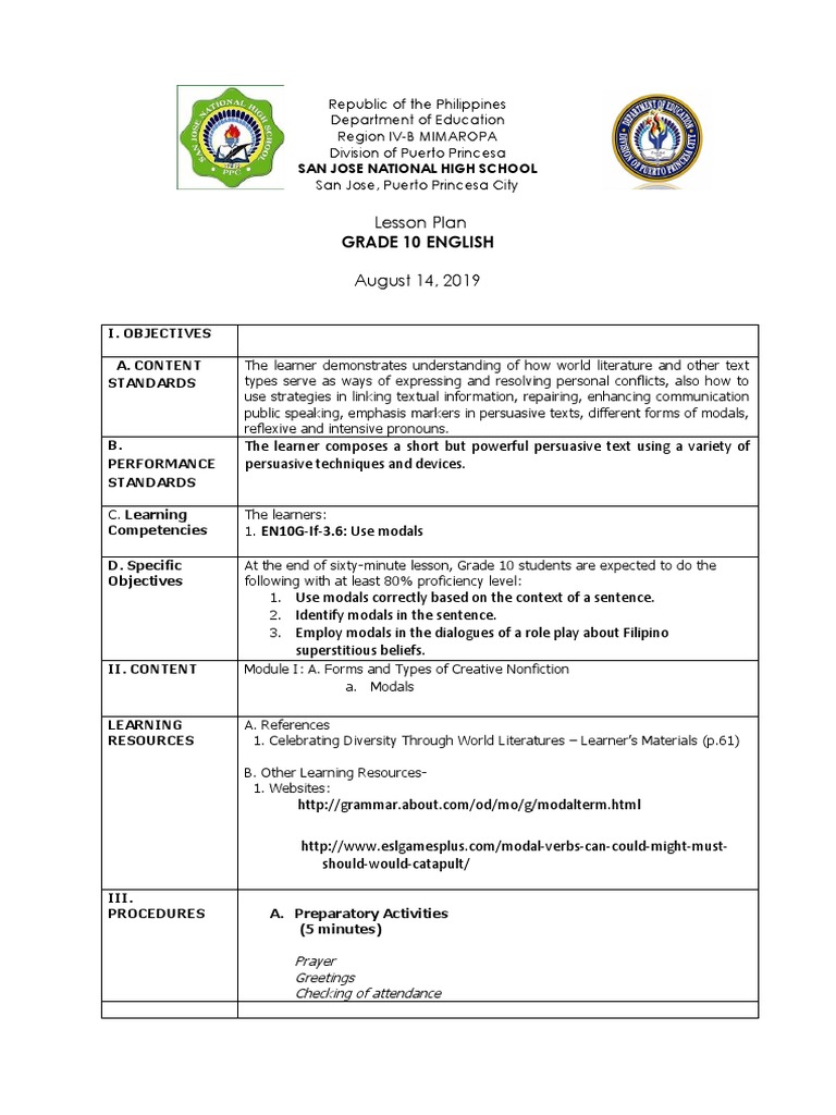 Grade 10 English: Lesson Plan | PDF | Question | Learning