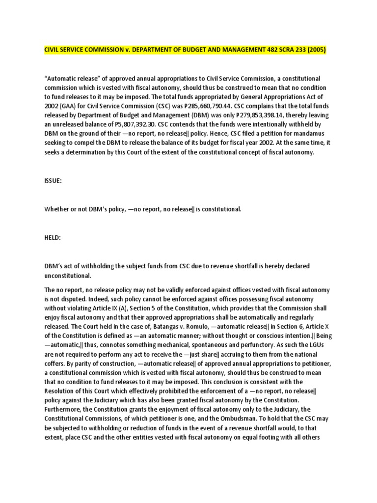 CSC vs. DBM: Fiscal Autonomy Ruling | PDF | Constitutional Law | Public Law