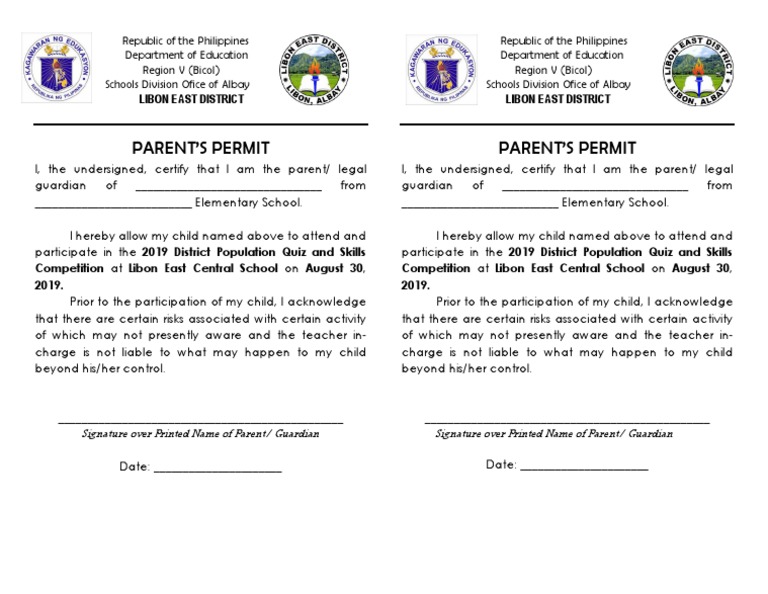 Parent'S Permit Parent'S Permit: Libon East District Libon East ...