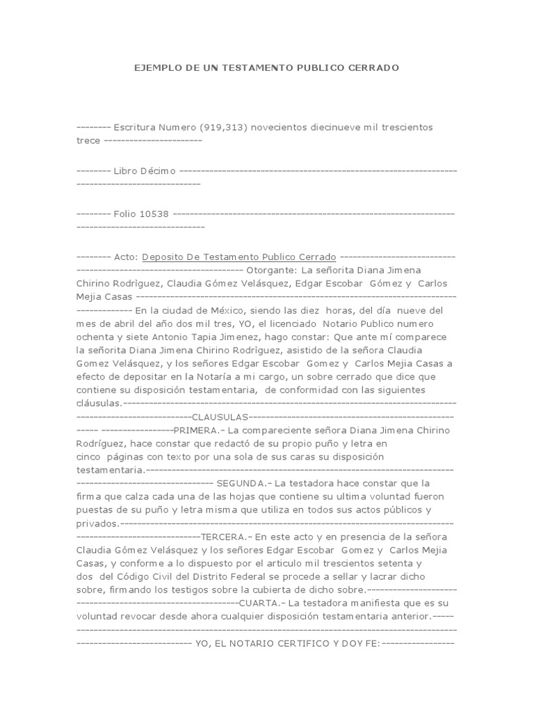 Ejemplo de Un Testamento Publico Cerrado | Voluntad y testamento | Gobierno