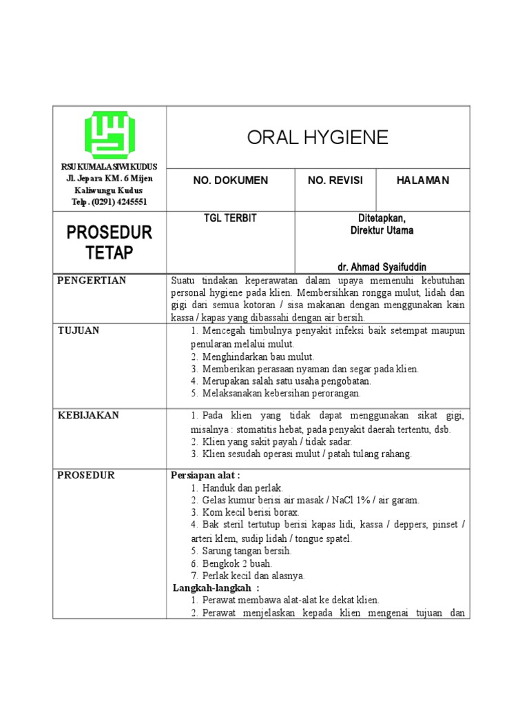 Sop Oral Hygiene | PDF
