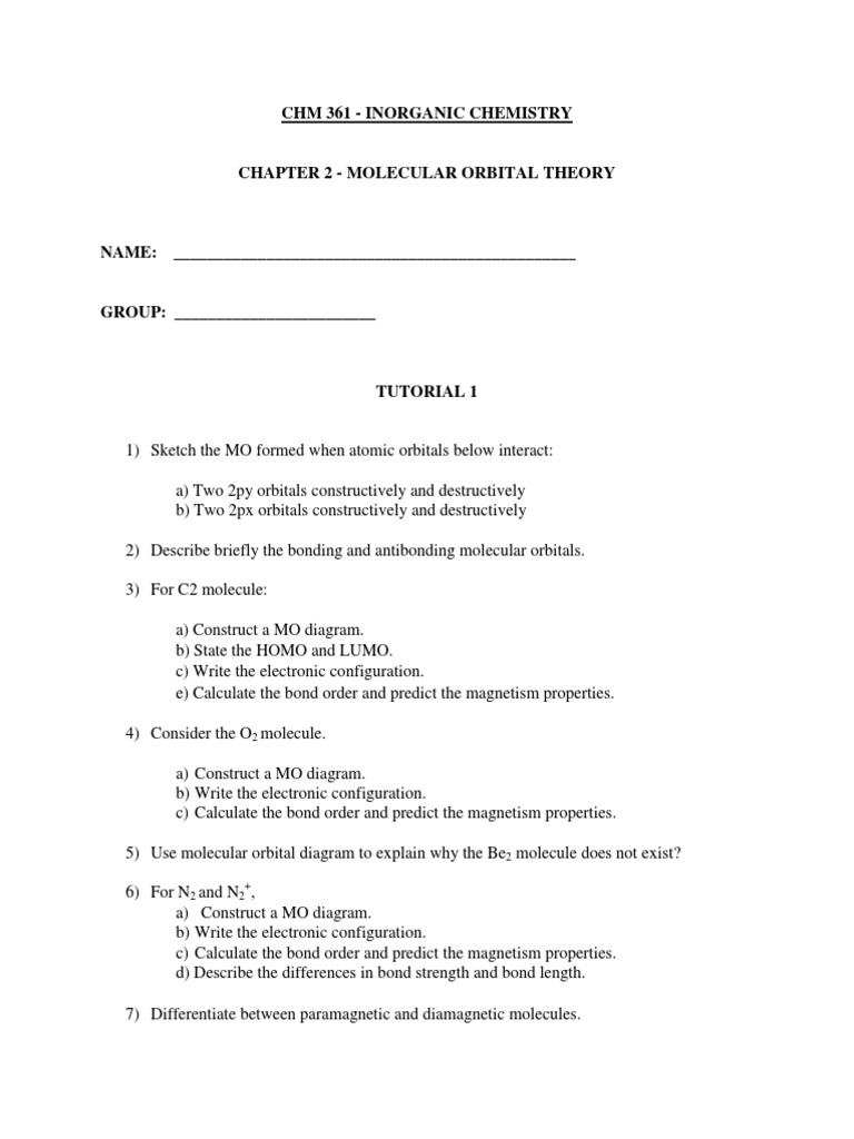 Molecular Orbital Theory - Tutorial 1 - BL | PDF