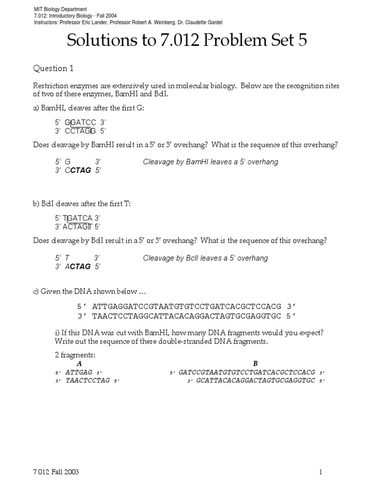 Solutions To 7.012 Problem Set 5: 5' G 3' Cleavage by Bamhi Leaves A 5 ...