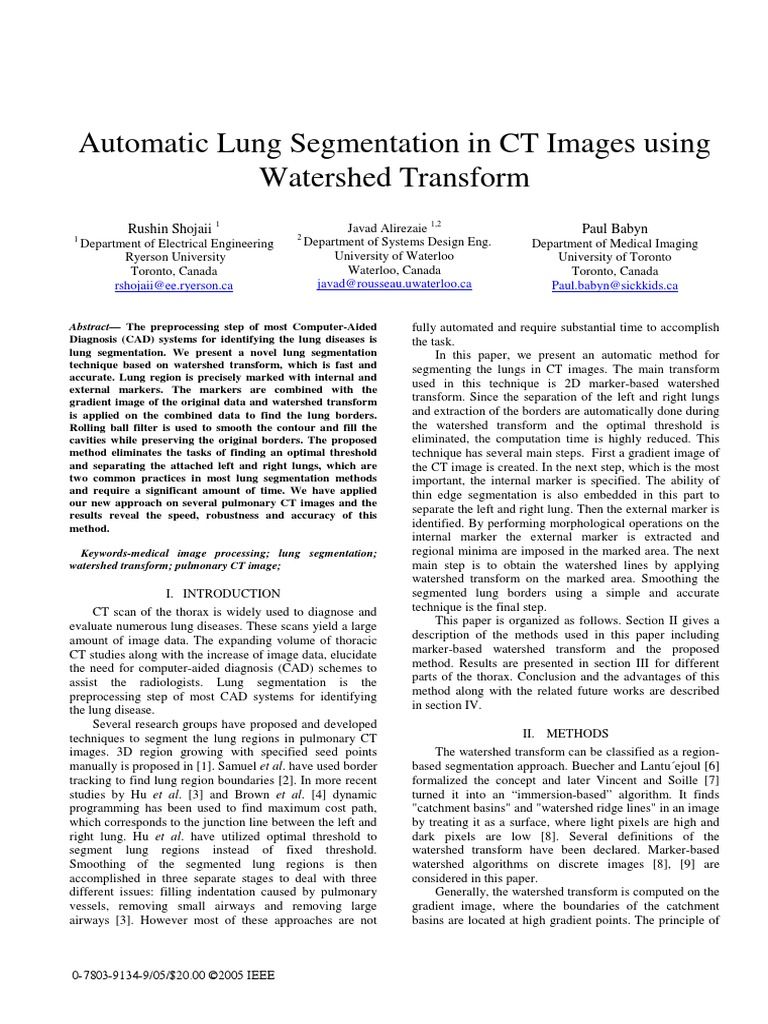 Automatic Lung Segmentation in CT Images Using Watershed Transform | PDF | Image Segmentation ...