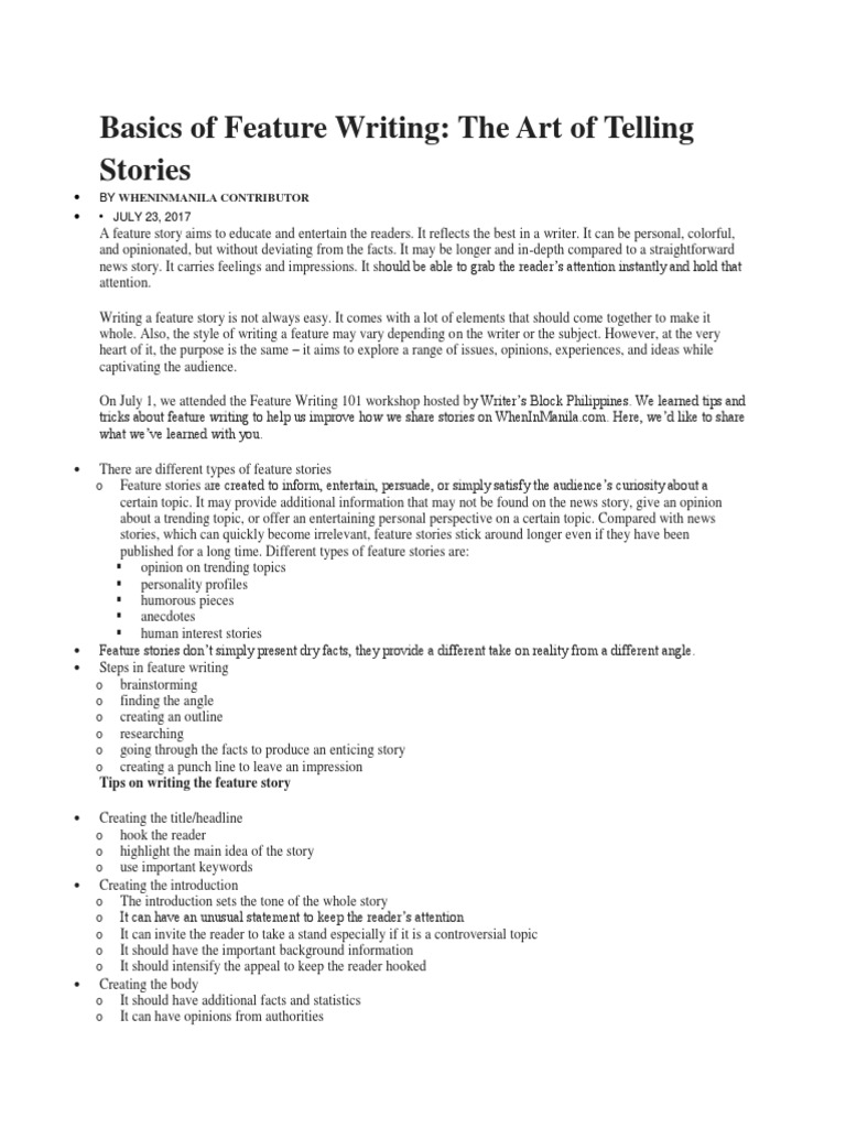 Basics of Feature Writing | PDF | News | Writers