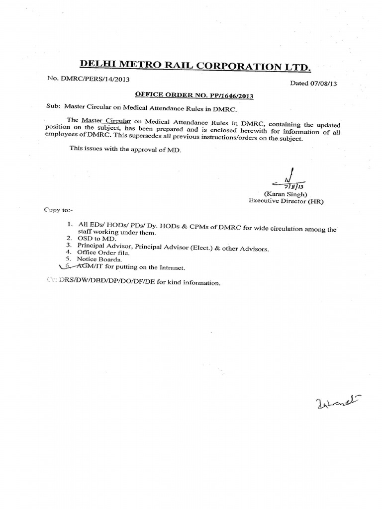 Master Circular On Medical Attendance Rules in DMRC. | PDF