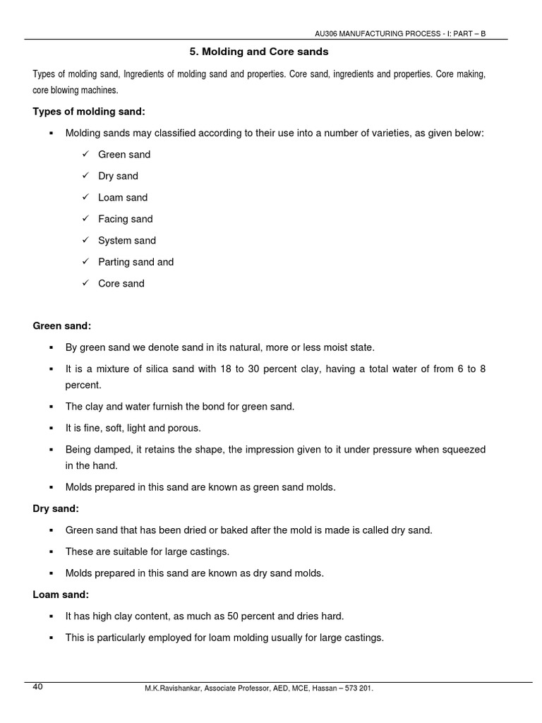 Molding and Core Sands: Types of Molding Sand | PDF | Casting ...