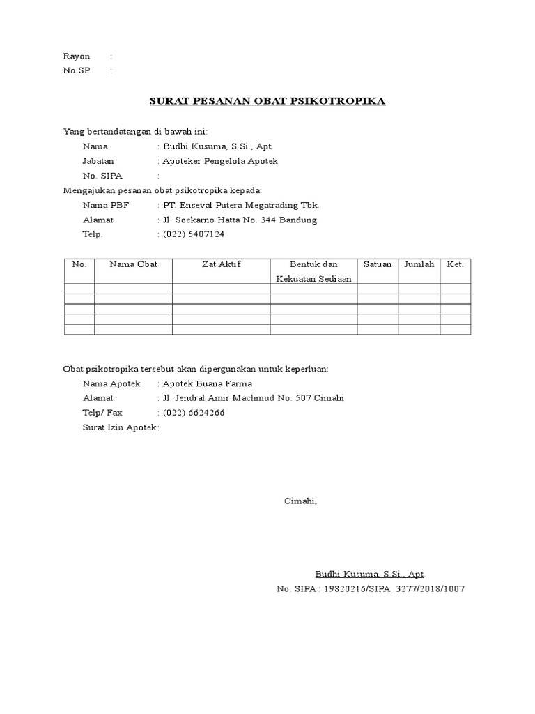 Surat Pesanan Obat Psikotropika | PDF