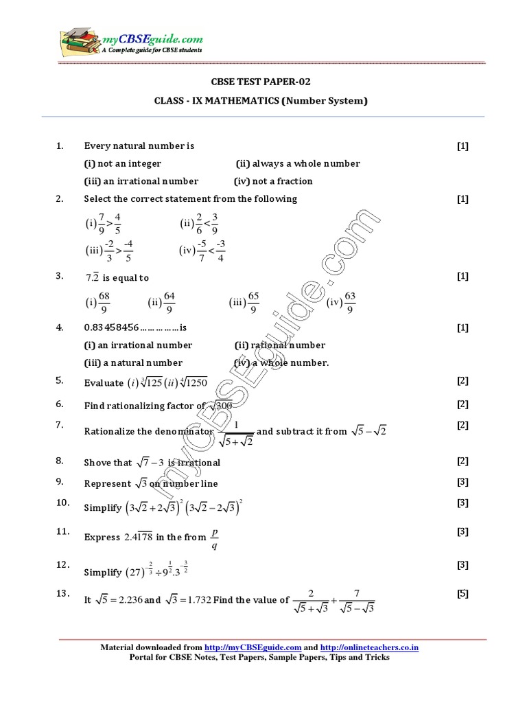 Cbse Test Paper-02 CLASS - IX MATHEMATICS (Number System) : 7 4 2 3 I ...