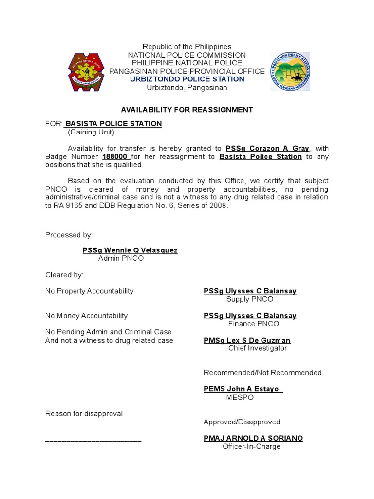 Urbiztondo Police Station: Availability For Reassignment | PDF