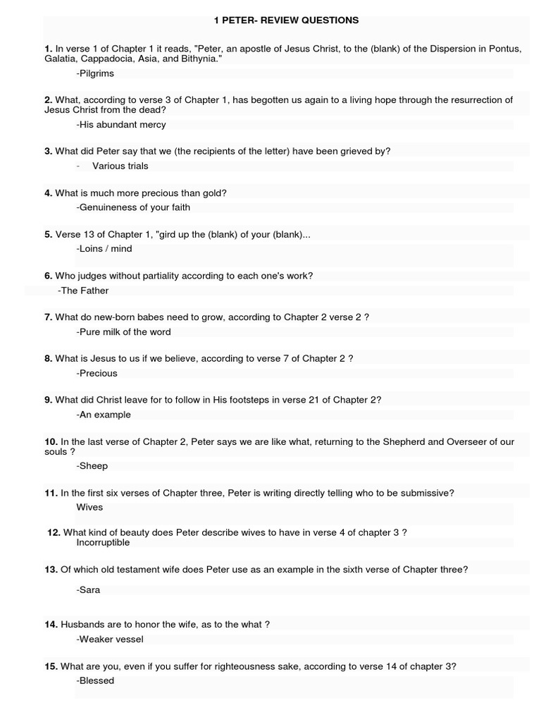 1 Peter Study Questions and Answers | PDF | Saint Peter | Jesus