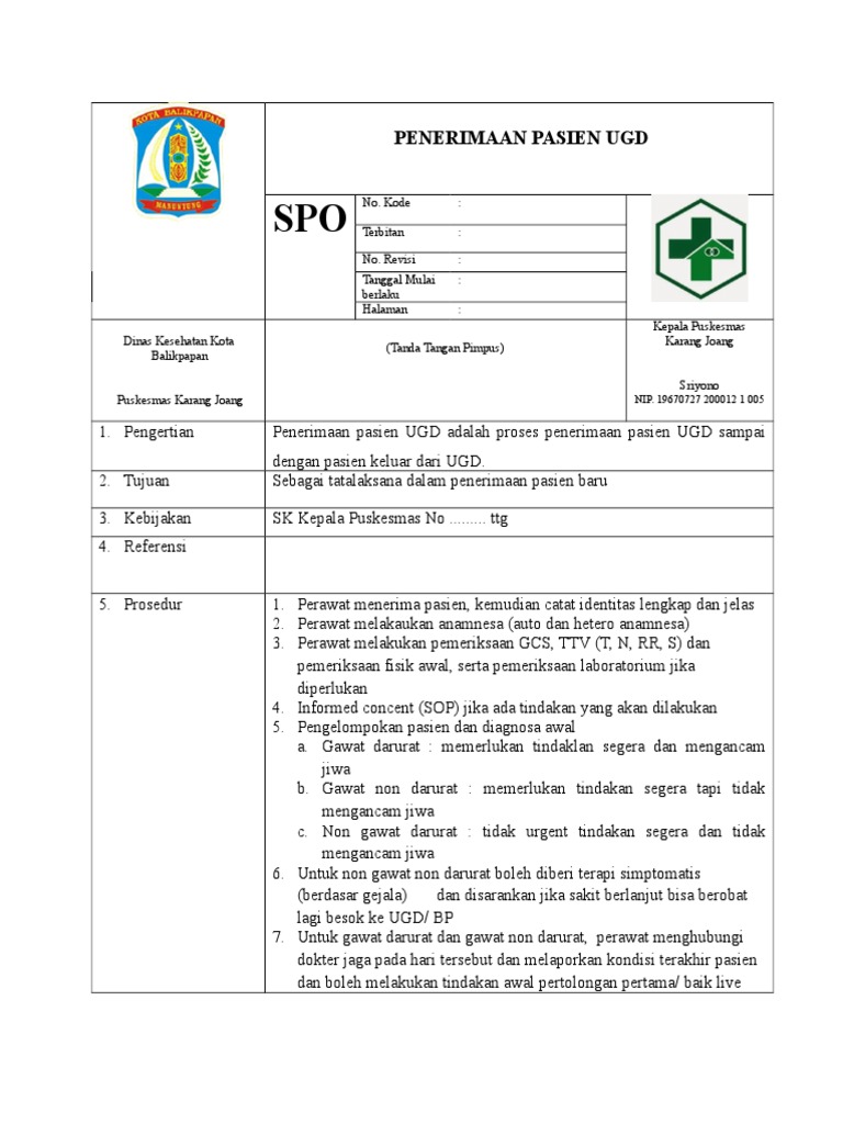 Sop Penerimaan Pasien Ugd | PDF