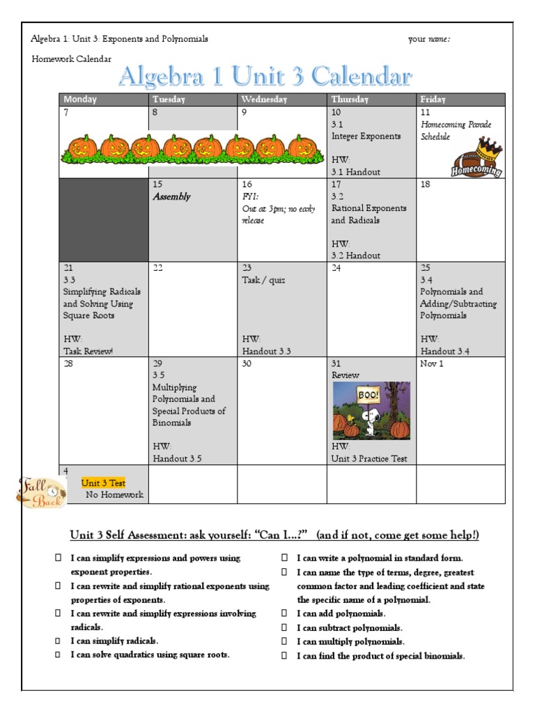 Algebra 1 Unit 3 HW Calendar | PDF | Factorization | Polynomial