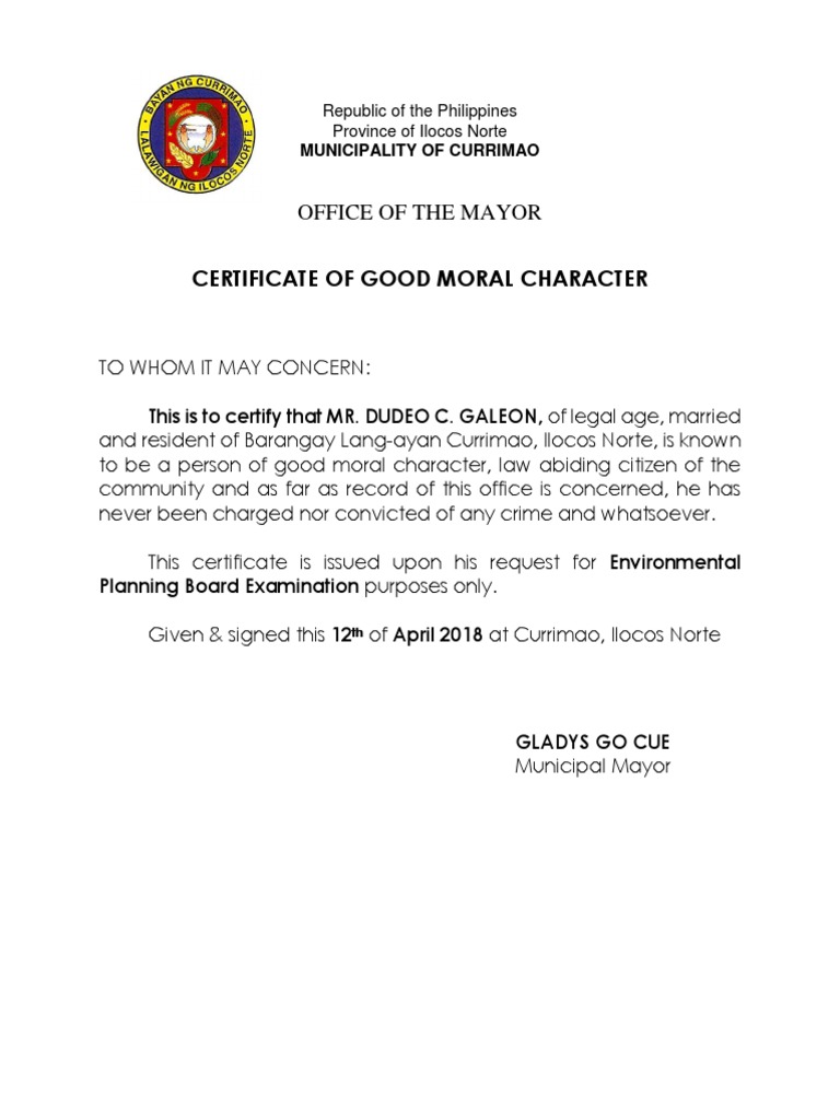 Cert. Good Moral Character | PDF