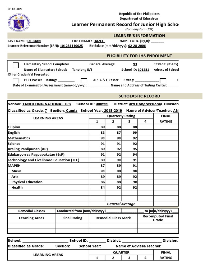 School Form 10 SF10 Learner's Permanent Academic Record For Junior High ...