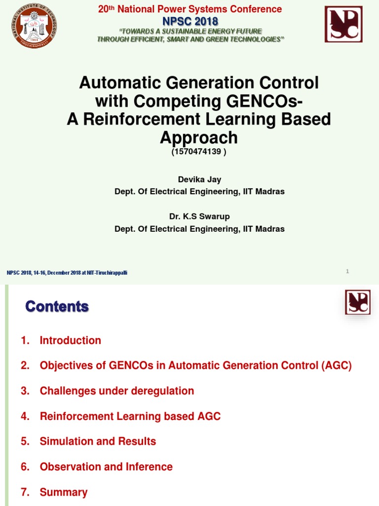 Automatic Generation Control With Competing Gencos-A Reinforcement ...