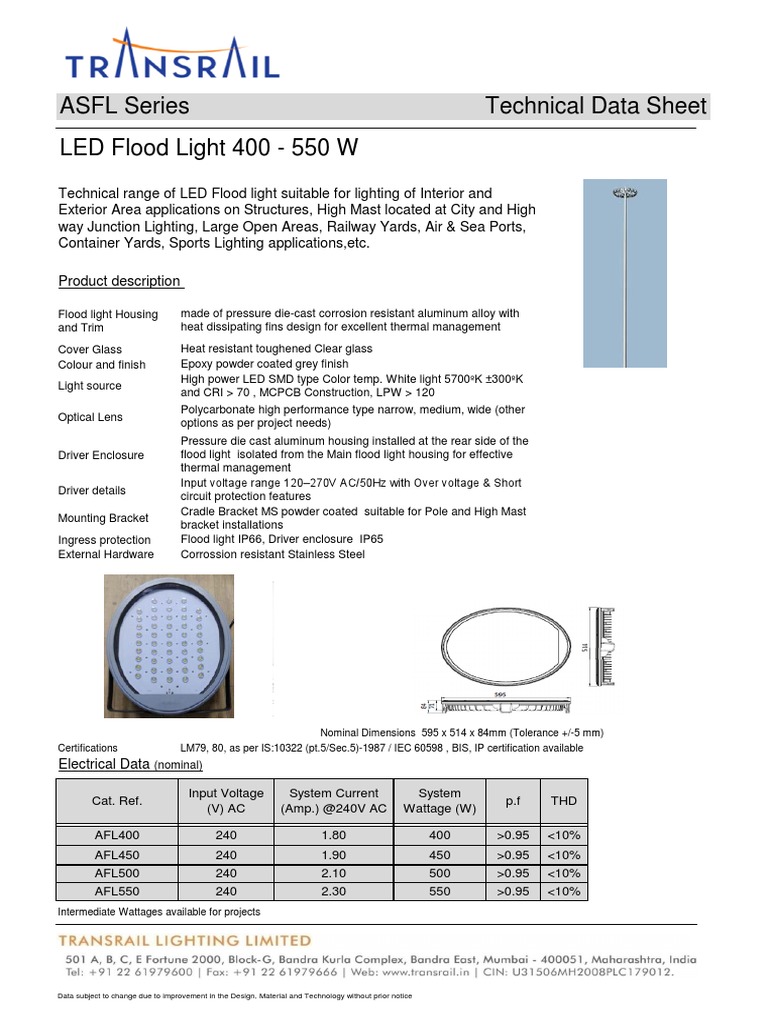 LED Flood Light Technical Specifications | PDF | Electric Power ...