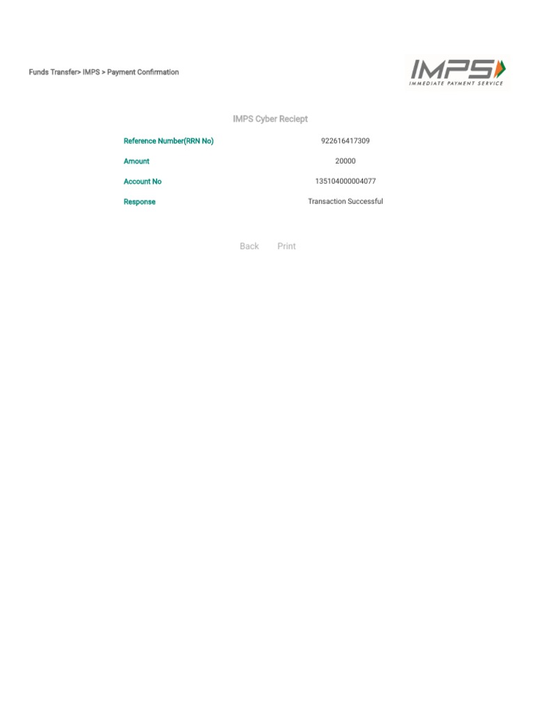 IMPS Cyber Reciept: Funds Transfer IMPS Payment Confirmation | PDF