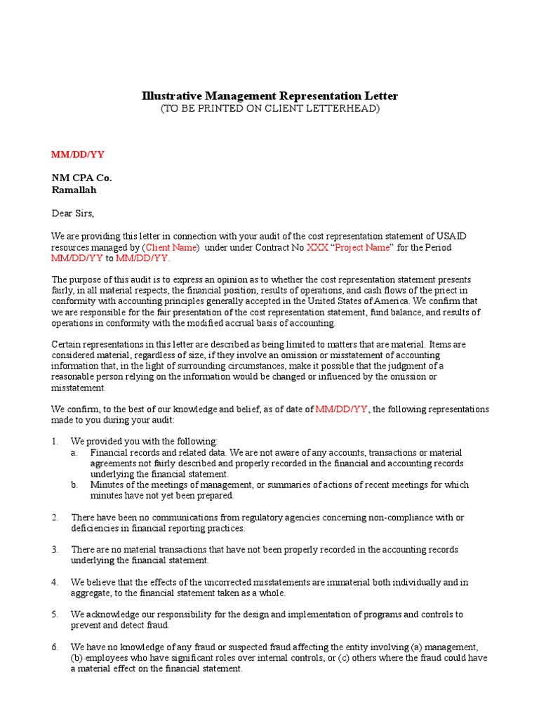 Sample Managment Representation Letter | PDF | Internal Control | Audit