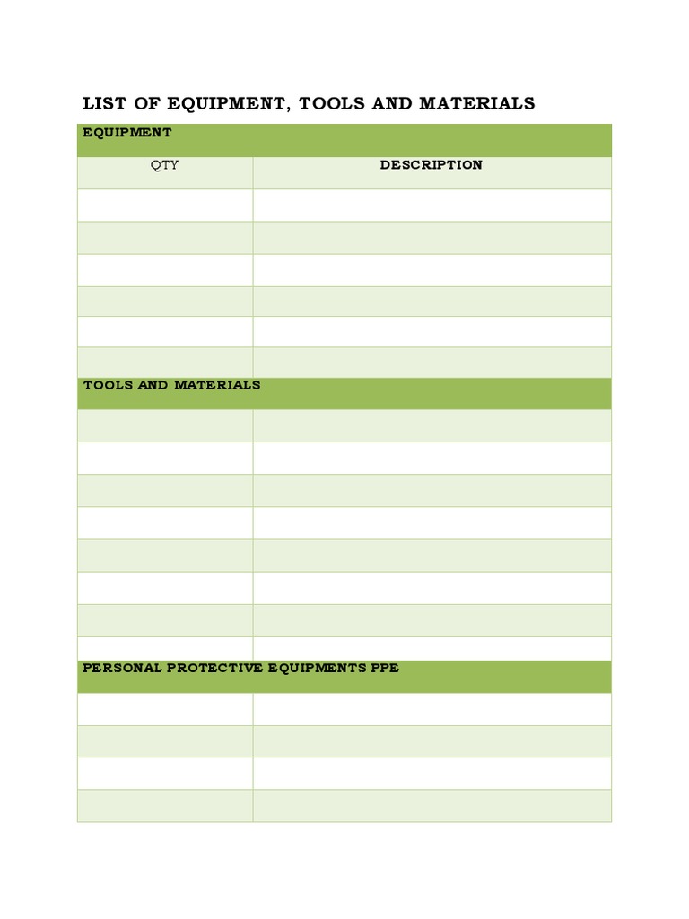 List of Equipment, Tools and Materials | PDF