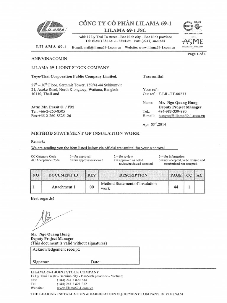 Method Statement of Insulation Work | PDF