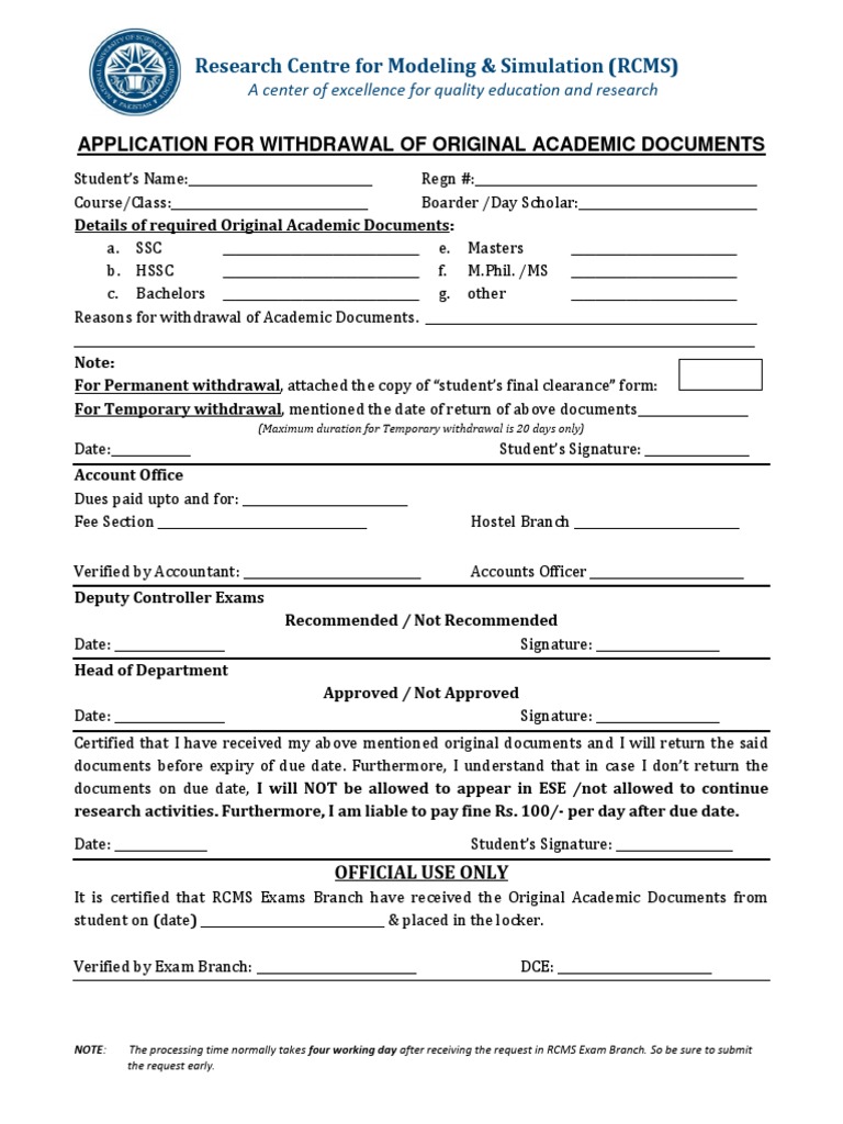 Research Centre For Modeling & Simulation (RCMS) : Application For ...