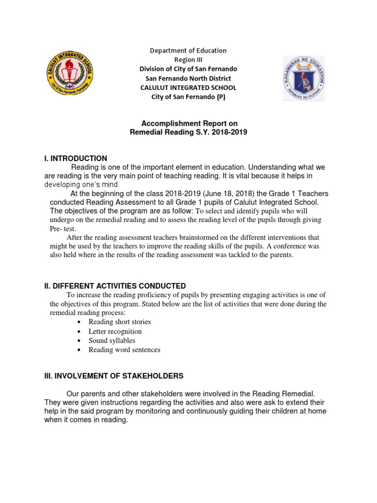 Remedial Reading Accomplishment Report | PDF | Education Theory ...