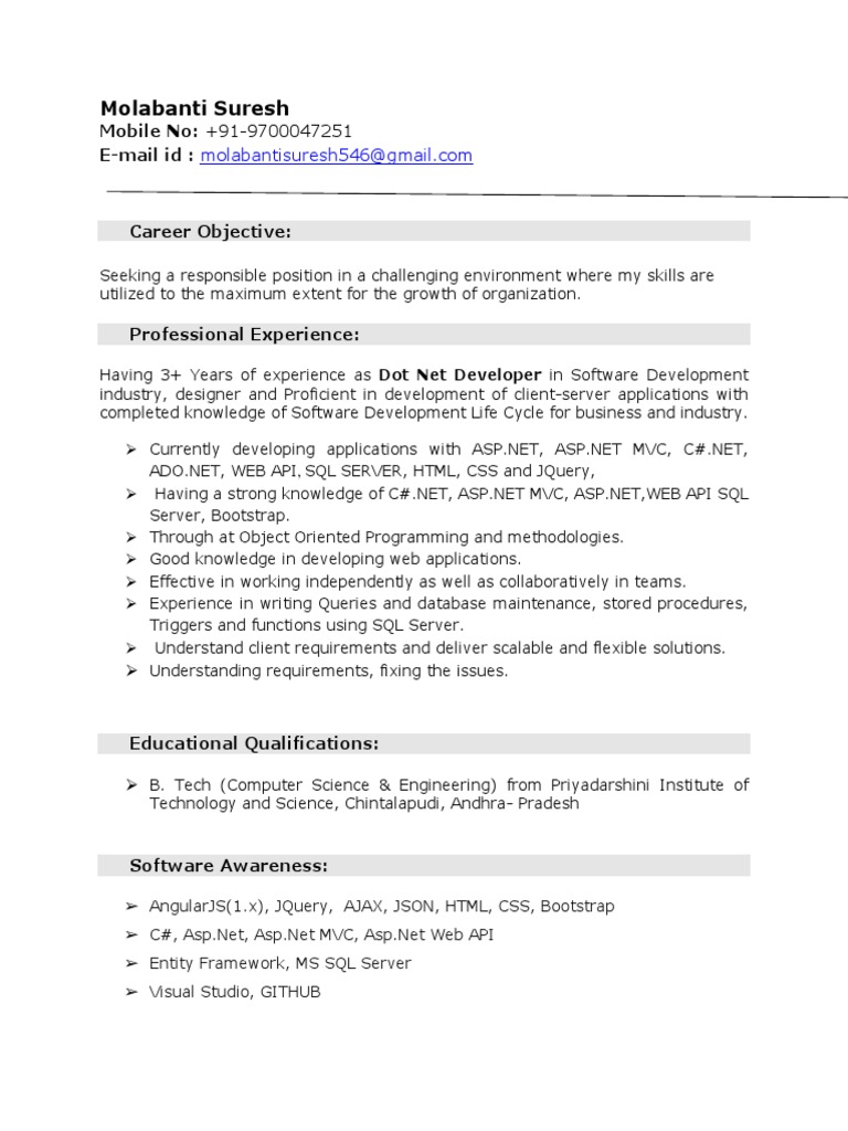 Dotnet 3 Years Experience Resume | PDF | Microsoft Sql Server | J Query