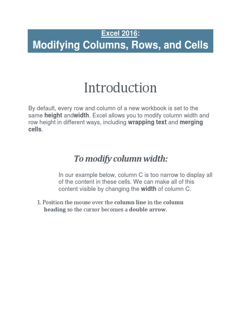 Modifying Columns, Rows, and Cells: To Modify Column Width | PDF | Microsoft Excel | Menu ...
