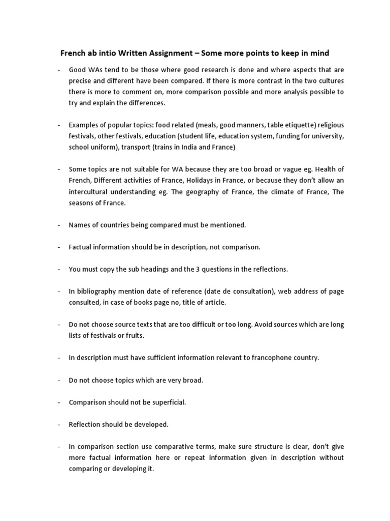 French Ab Intio Written Assignment From Subject Report | PDF