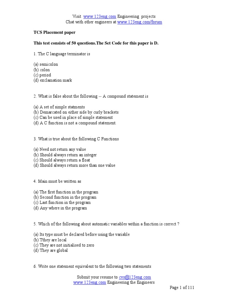 TCS Placement paper on C language fundamentals | PDF | Fraction ...