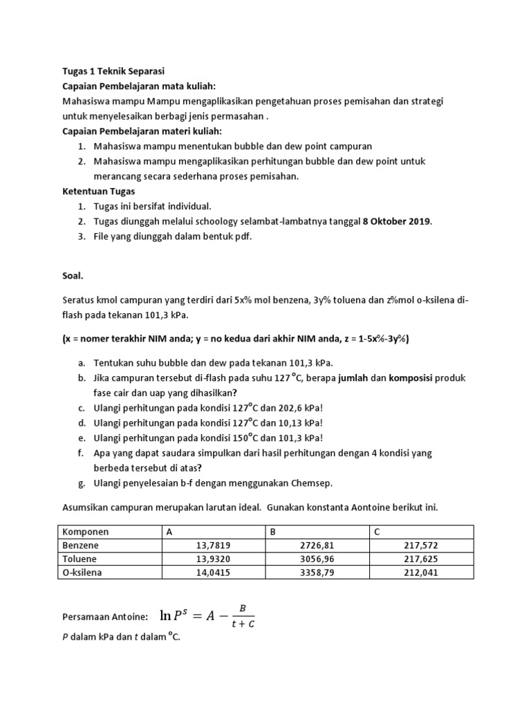 Tugas 1 Teknik Separasi 2019 | PDF