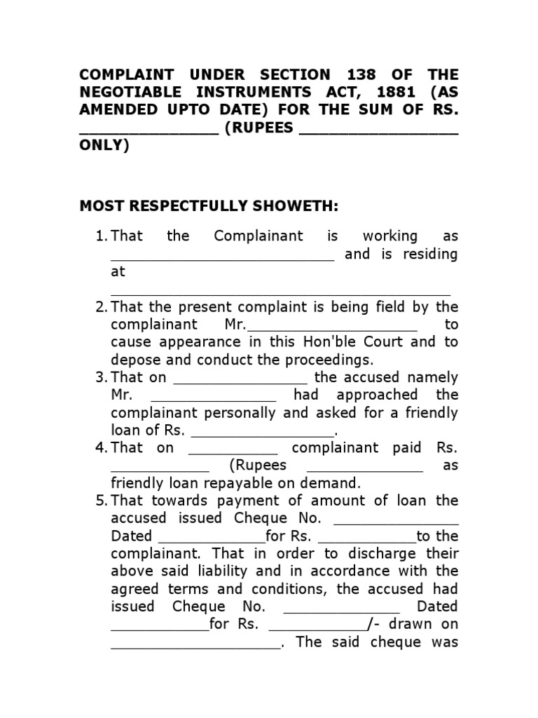 Complaint Under Section 138 of The Negotiable Instruments Act | PDF ...