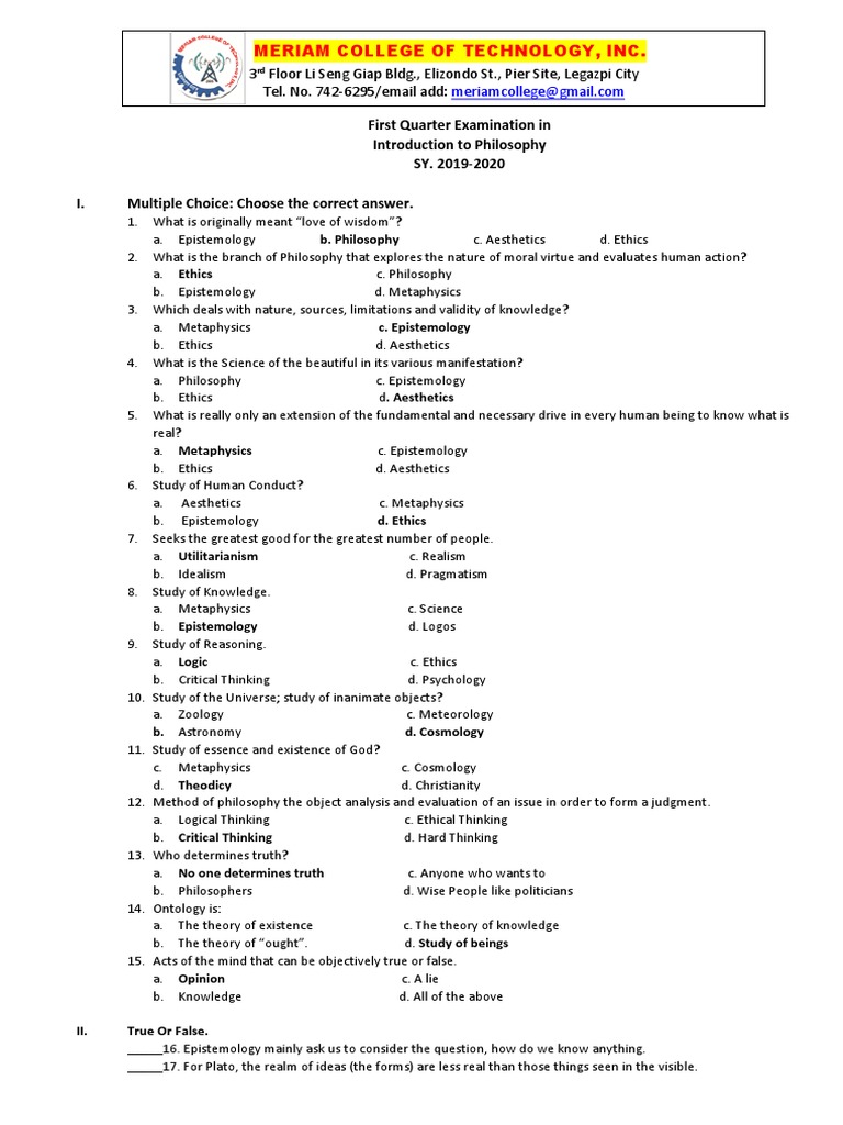 1st Quarter Exam in Intro To Philo. | PDF | Truth | Pragmatism