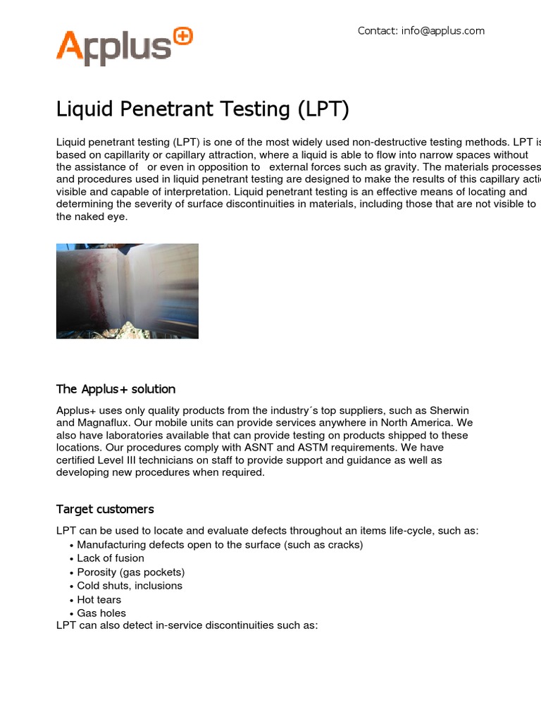 Liquid Penetrant Testing (LPT) | PDF | Reliability Engineering ...