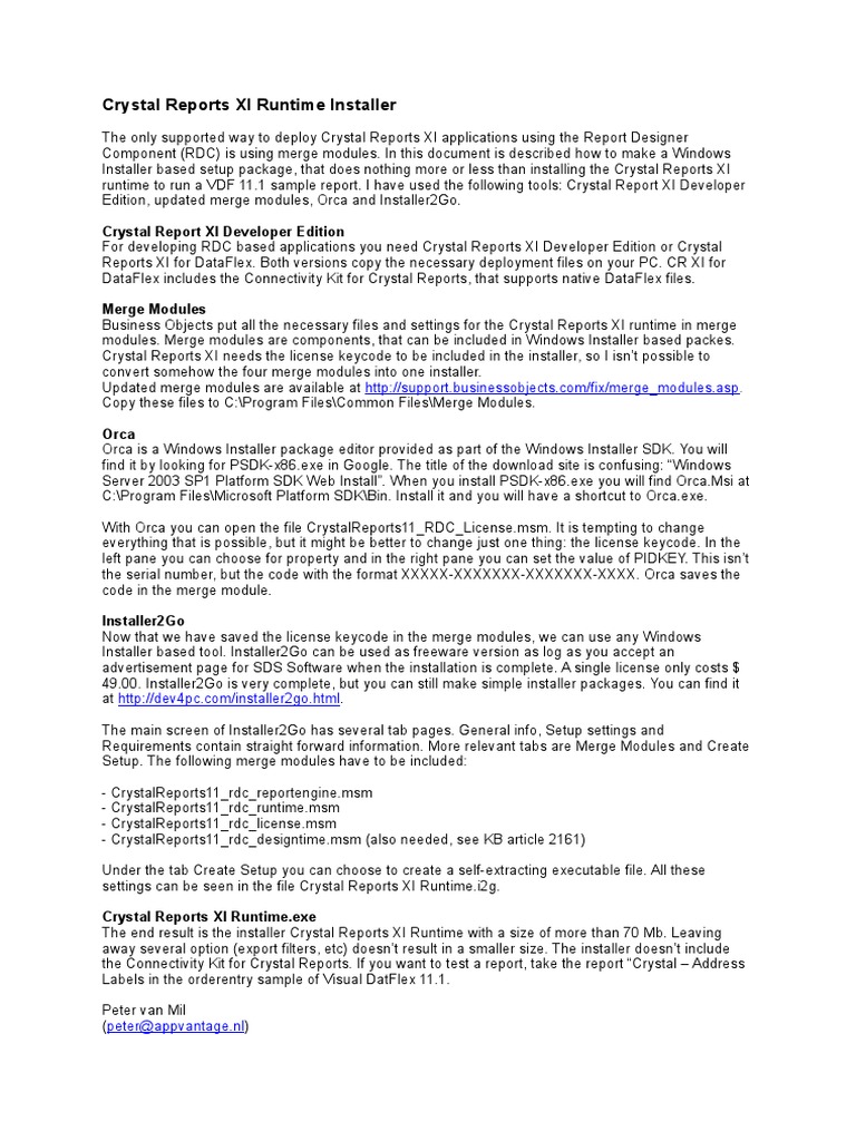 Crystal Reports XI Runtime Setup Guide | PDF | Installation (Computer ...