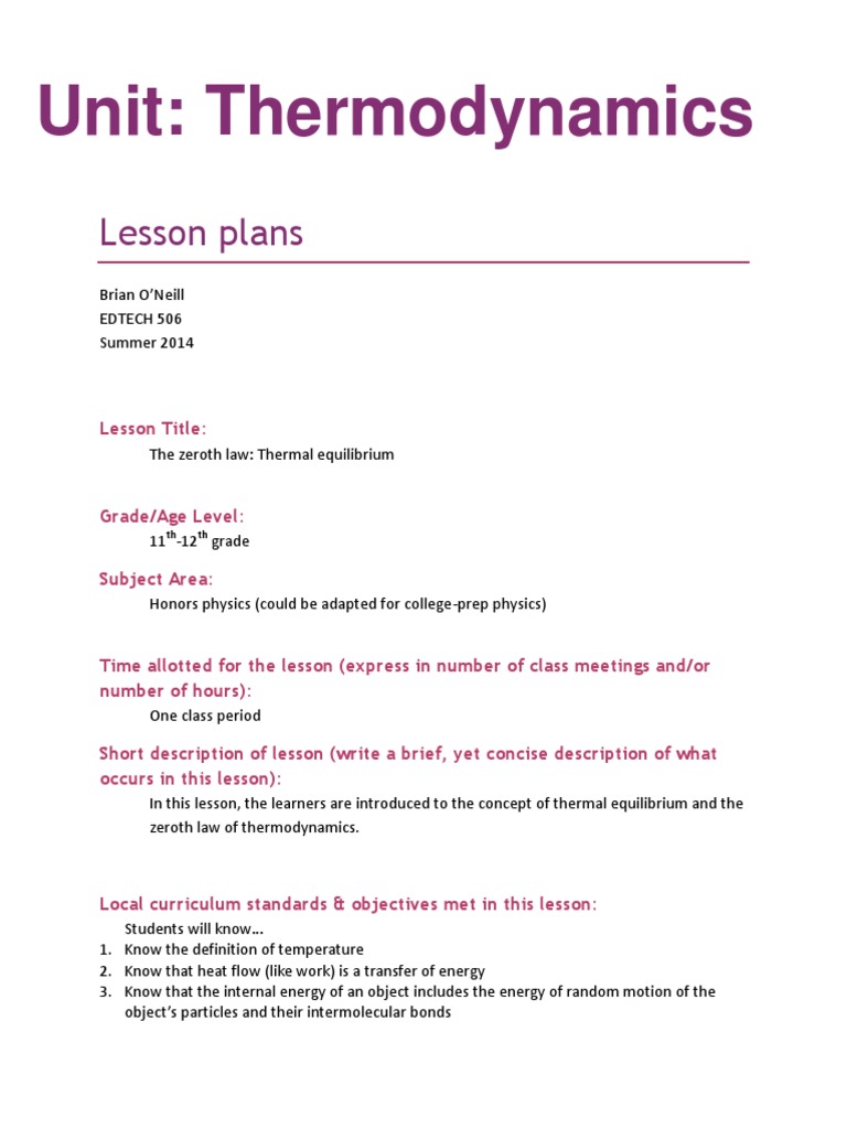 Lesson Plan Template: Unit: Thermodynamics | Download Free PDF | Second ...