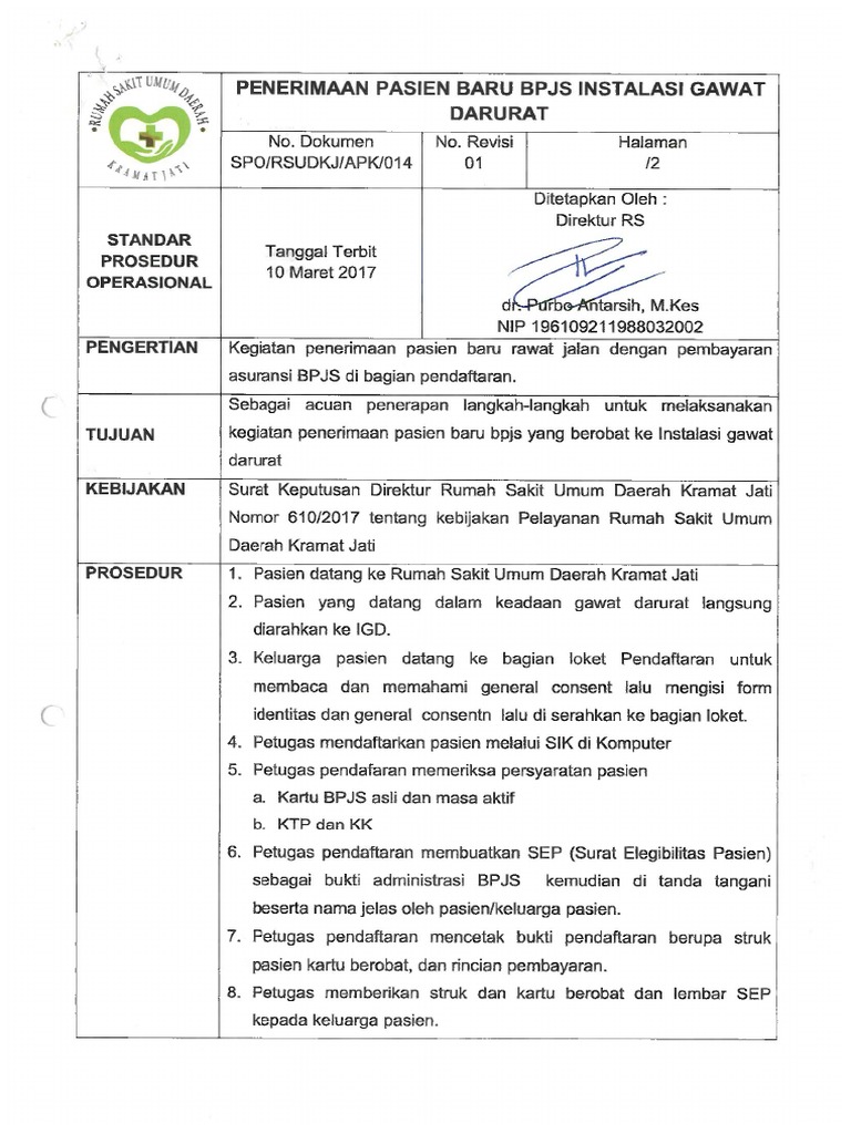 Sop Penerimaan Pasien Baru Bpjs Di Igd | PDF