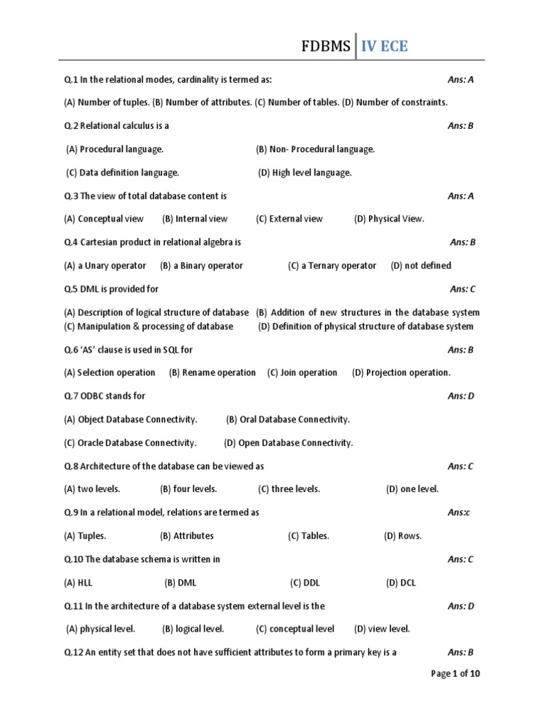 Objective Questions | PDF | Relational Database | Relational Model