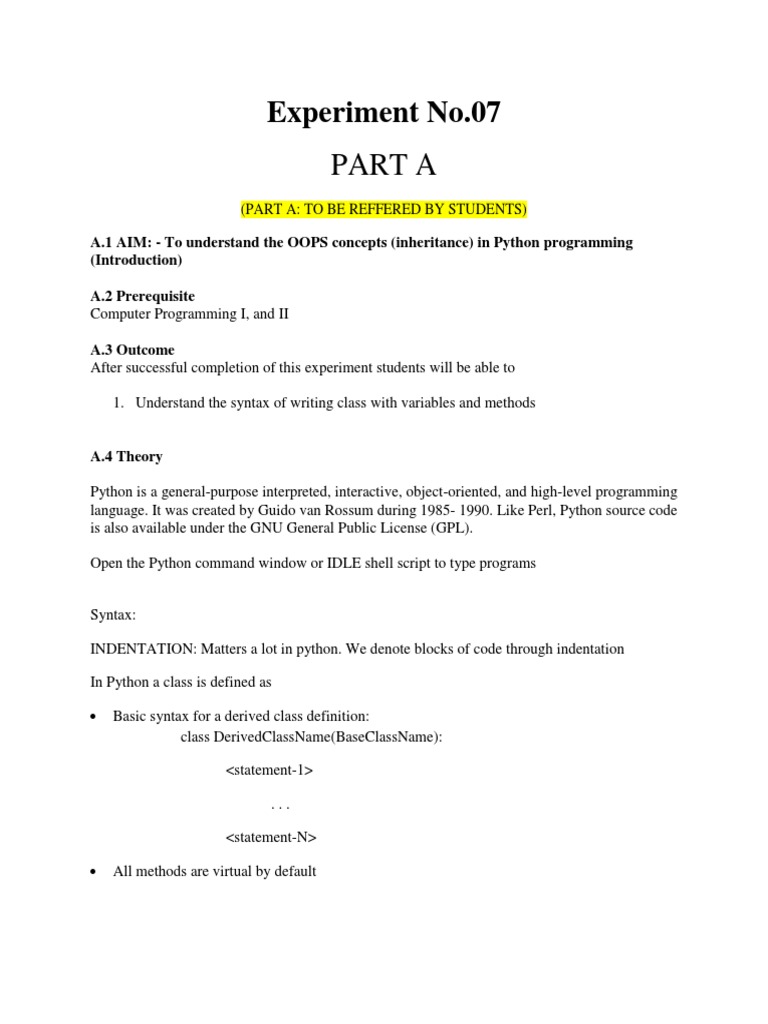 Experiment No.07: Part A | PDF | Class (Computer Programming) | Python ...