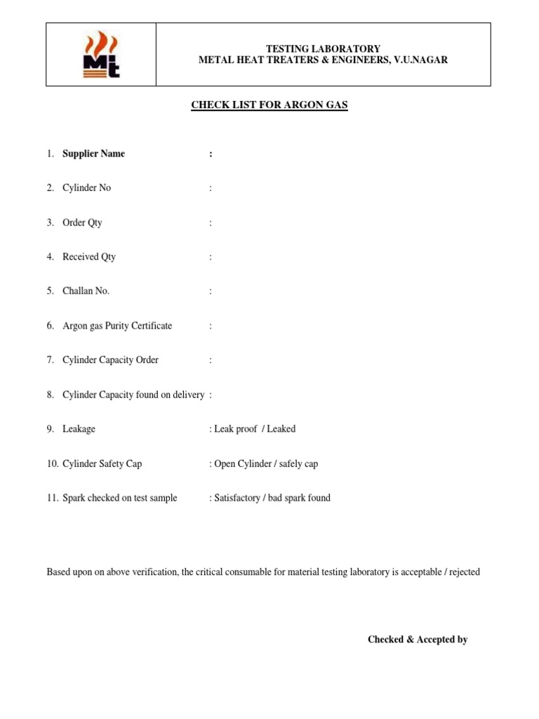Check List For Argon Gas | PDF
