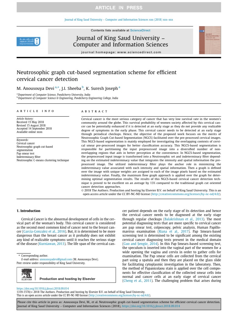 Neutrosophic Graph Cut Based Segmentation Scheme For Efficient Cervical Cancer Detection Pdf